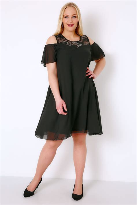 Black Cold Shoulder Dress With Lace Neckline And Angel Sleeves Plus Size