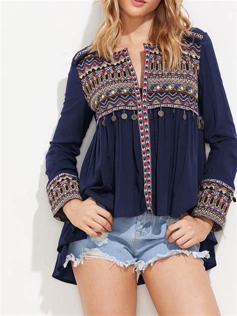 Shein Tribal Embroidered Dip Hem Smock Top Shein Usa