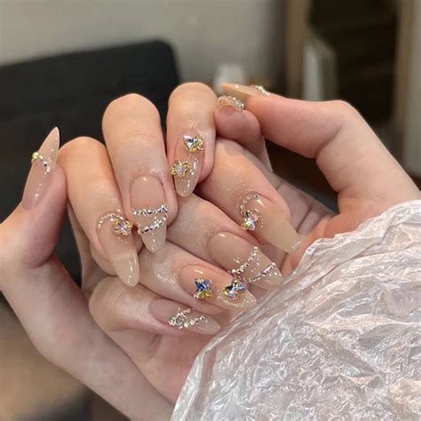24pcs Almond False Nail Shiny Butterfly Rhinestones Decor Full Finished