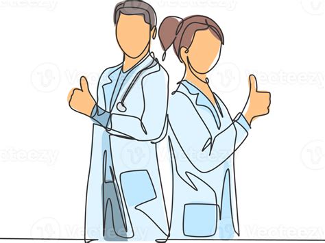 Single Line Drawing Of Young Happy Couple Male And Female Doctor