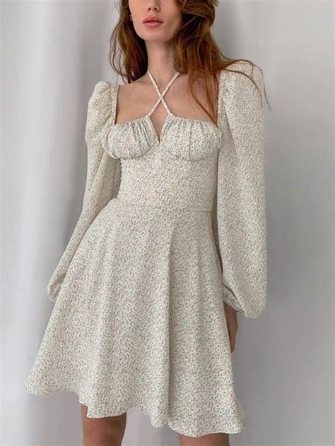 Womens Lantern Long Sleeve Ruched Print A Line Mini Sexy Dress Miggon