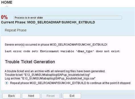 dbms type environment variable sap does not exist