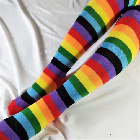 Girls Women Rainbow Striped Stockings Overknee Long Stockings Colorful