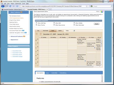 screenshot of syncfusion essential schedule for asp mvc