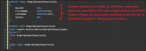 how to auto generate code for stored procedure column data