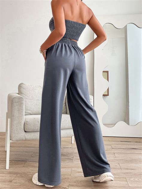 Shein Ezwear Shirred Back Bandana Hem Crop Tube Top And Pants Shein Usa