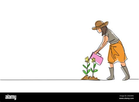 Single Continuous Line Drawing Girl Volunteer Watering Plant With