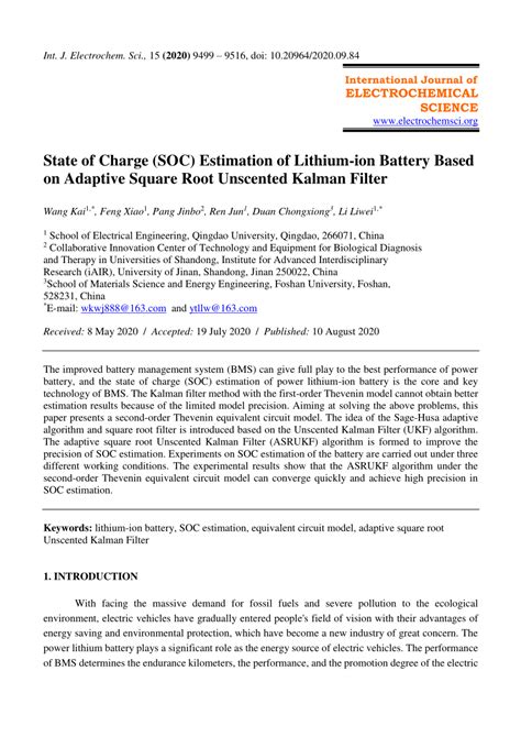 Pdf State Of Charge Soc Estimation Of Lithium Ion Battery Based On