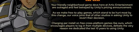Regarding Unitys Unity Runtime Fee Announcement On Artix Entertainment