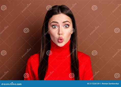 Photo Of Nice Impressed Brunette Hairdo Lady Wear Red Sweater Isolated