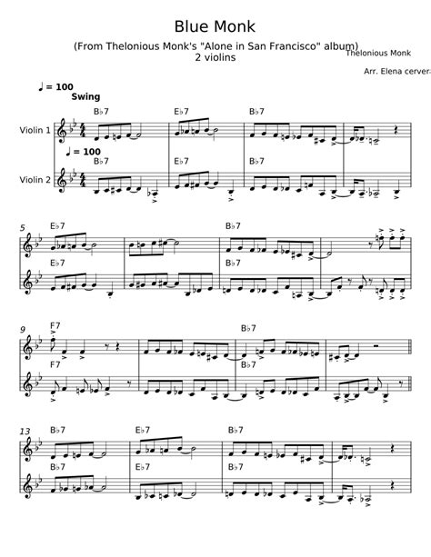 Blue Monk Thelonious Monk Sheet Music For Violin String Duet