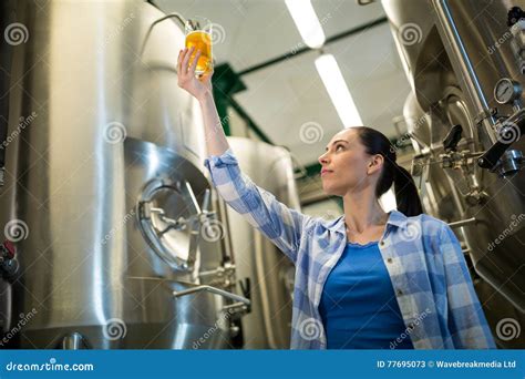Cerveza Femenina De La Prueba Del Cervecero Imagen De Archivo Imagen