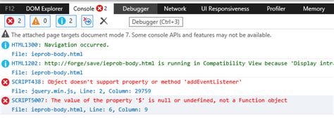 jquery embedded javascript does not run in ie 10 or 11 works fine in