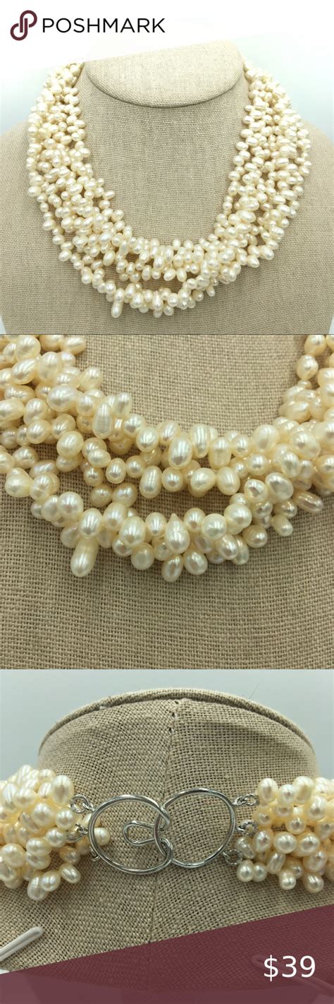 Freshwater Pearl 925 Silver Necklace Multi Strand Choker Style Faux