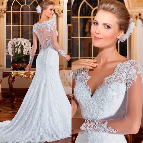 Elegant V Neck Full Sleeves Lace Floor Length Wedding Dresses Zipper