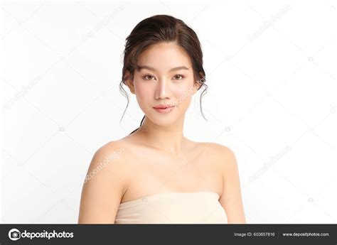 Beautiful Young Asian Woman Clean Fresh Skin White Background Face