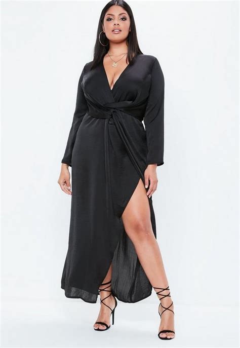 Curve Black Satin Thigh Split Wrap Maxi Dress Missguided