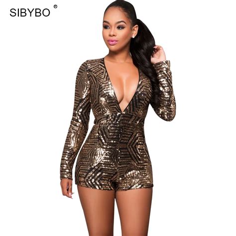 Sibybo Sequin Jumpsuit Women Deep V Neck Long Sleeve Rompers Womens