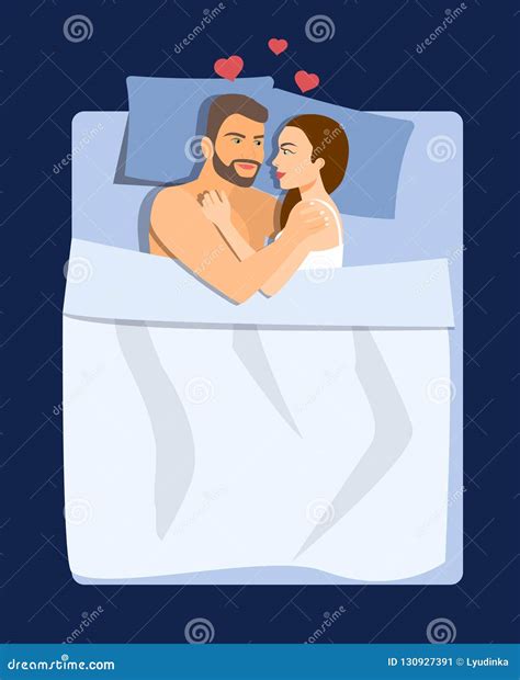 Top View Happy Married Couple Lying In Bed And Hiding Under White