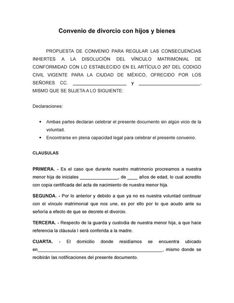 Formato De Convenio De Divorcio Con Hijos Y Bienes Convenio De
