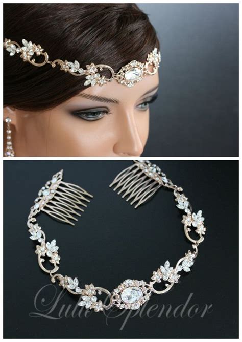 Rose Gold Wedding Forehead Band Swarovski Crystal Bridal Halo Headpiece