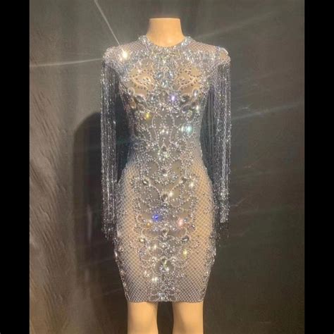 Sparkling Birthday Party Crystals Bodycon Dress Women Mesh Perspective