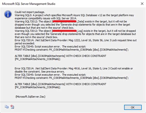 import bacpac from sql azure into local server fails database