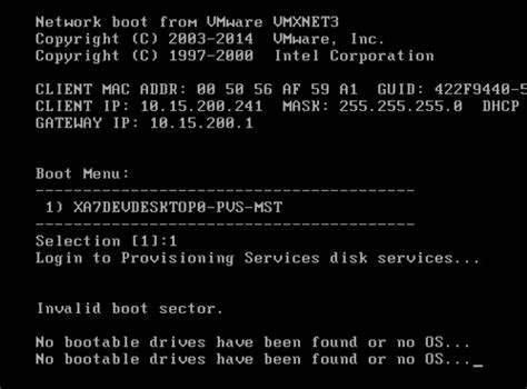 invalid boot sector when starting a vdisk through a target device