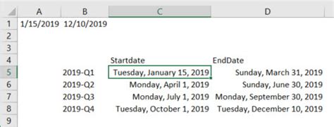 excel setting start and end dates by quarter given a