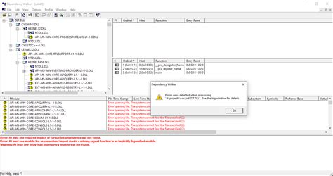 c dependency walker errors were detected when processing stack