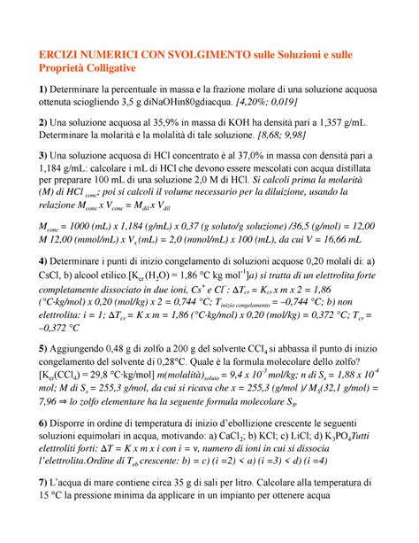 Esercitazione Soluzioni E Proprietà Colligative Ercizi Numerici Con