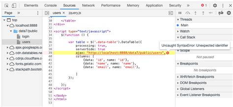 ajax call unexpected identifer — datatables forums