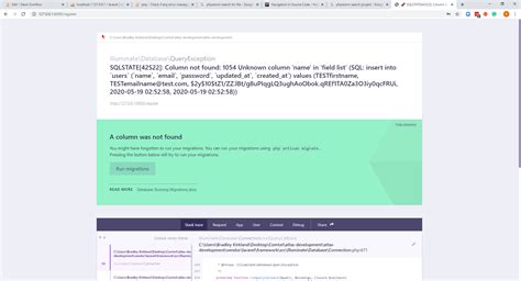 php laravel unknown column name in field list on register