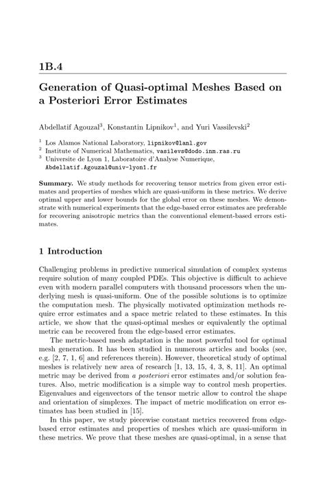 Pdf Generation Of Quasi Optimal Meshes Based On A Posteriori Error