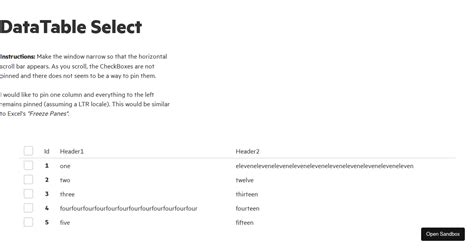 datatable select horizontal scrolling codesandbox