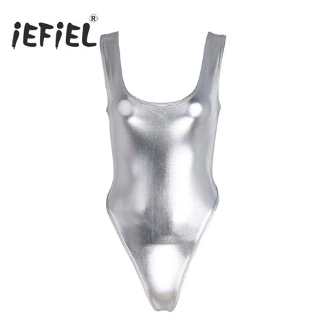 Iefiel Hot Sexy Womens One Piece Shiny Patent Leather Wetlook High Cut