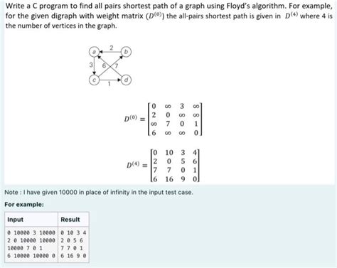 solved write a c program to find all pairs shortest path of