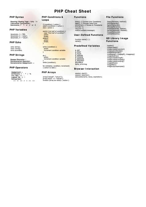 php cheat sheet printable pdf download