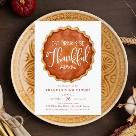 Eat Drink And Be Thankful Pumpkin Pie Thanksgiving Invitation Zazzle