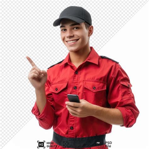 Smiling Young Delivery Man Wearing Uniform And Cap Looking Camera