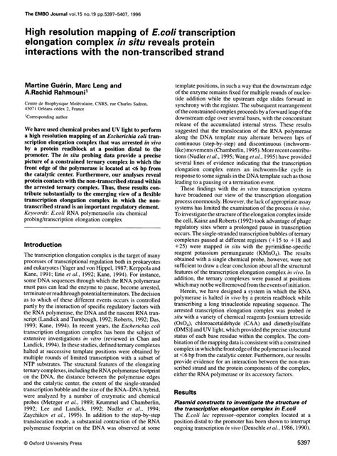 Pdf High Resolution Mapping Of E Coli Transcription Elongation