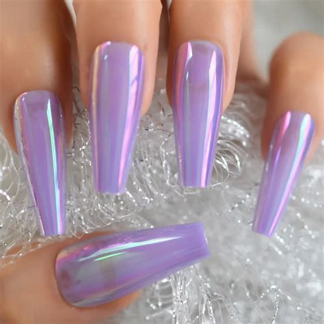 Chrome Lavender Purple Press On Fingernails Unicorn Holo Fake Nails