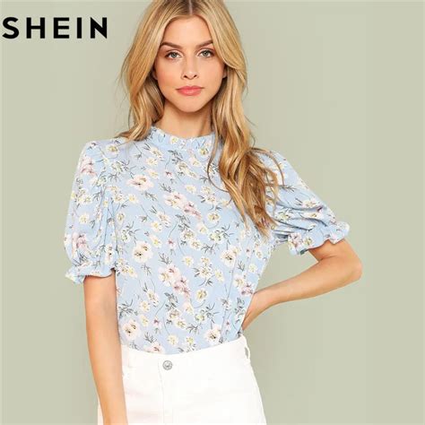 Shein Office Lady Tops Ruffle Floral Blue Blouses 2018 New Women Summer
