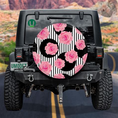 Pretty Pink Roses Polka Dots On Black White Striped Design Spare Tire