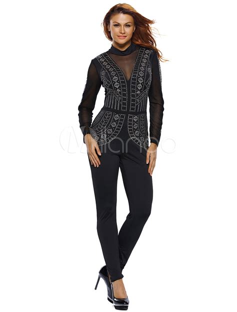 Sexy Black Jumpsuit Womens Stand Collar Long Sleeve Semi Sheer