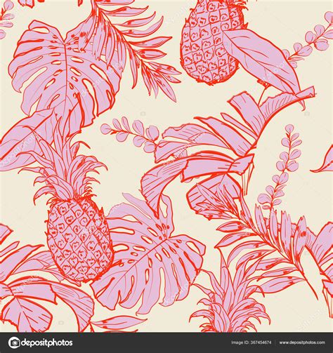 Summer Vibes Outline Hand Drawing Exotic Leaves Seamless Pattern