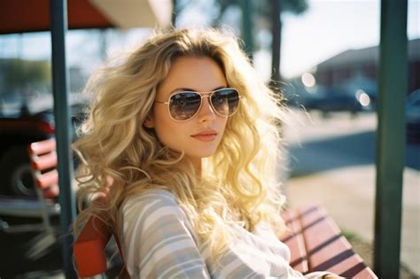 Premium Ai Image Beautiful Blonde Woman In Sunglasses Sitting On A Bench