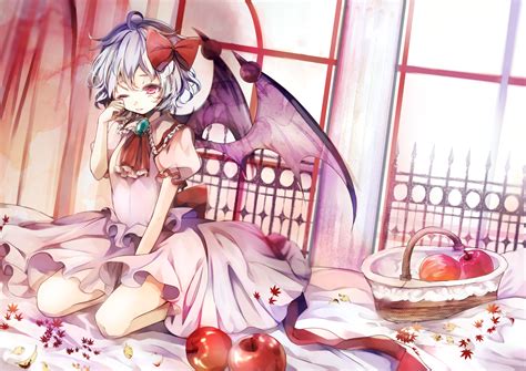 Safebooru 1girl Apple Ascot Basket Bat Wings Blue Hair Bow Food Fruit