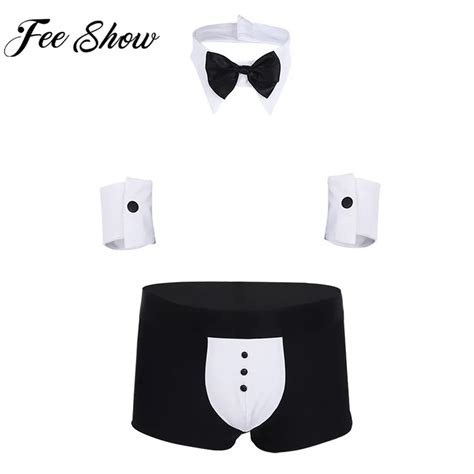Feeshow 3pcs Mens Butler Tuxedo Costume Sexy Waiter Lingerie Role Play