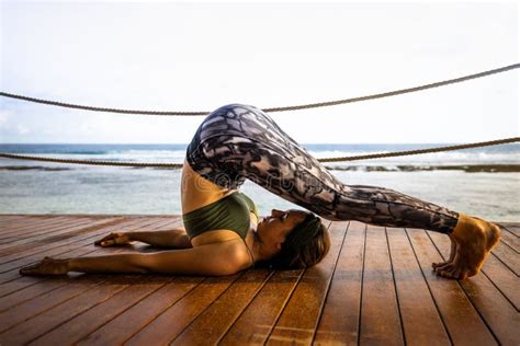 Outdoor Yoga Practice Young Attractive Woman Stretching In Plough Pose